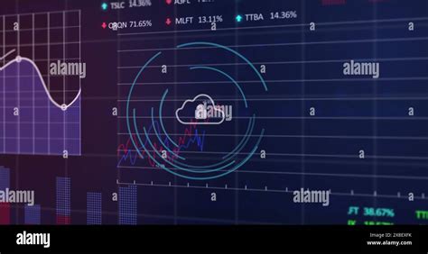 image of padlock in circles graphs trading boards and computer language over black background