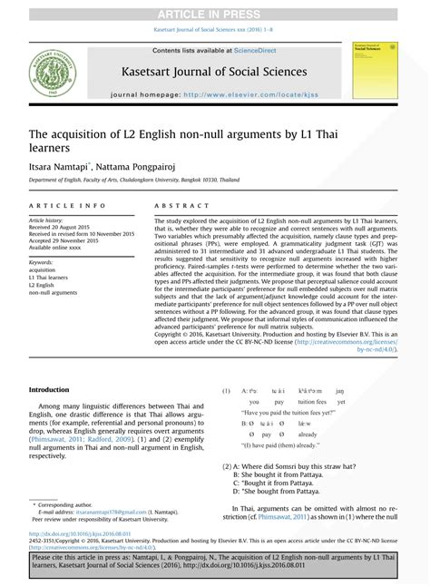 Pdf The Acquisition Of L2 English Non Null Arguments By L1 Thai Learners