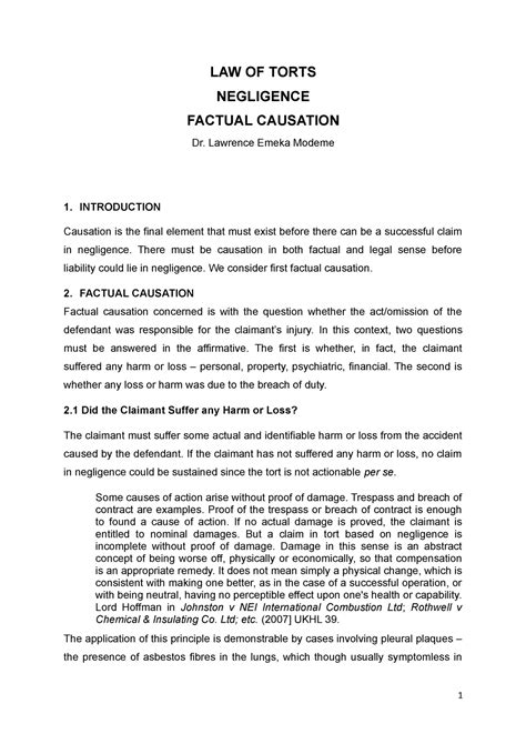 Negligence Factual Causation Lecture Notes Law Of Torts Negligence Factual Causation Dr