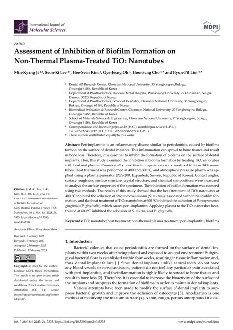 Pdf Assessment Of Inhibition Of Biofilm Formation On Non Thermal Plasma Treated Tio2 Nanotubes