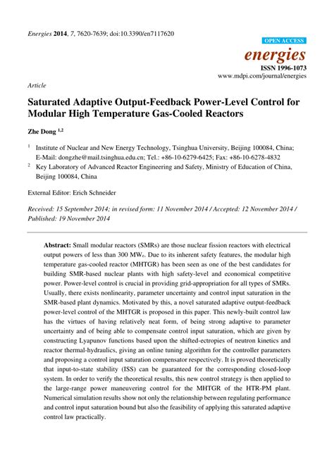 Pdf Saturated Adaptive Output Feedback Power Level Control For Modular High Temperature Gas