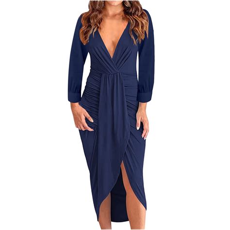Yyeselk Womens Sexy Deep V Neck Ruched Bodycon Midi Dresses Long Sleeve