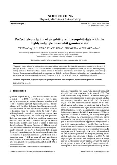 Pdf Perfect Teleportation Of An Arbitrary Three Qubit State With The Highly Entangled Six