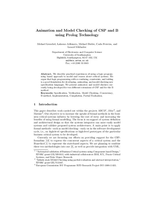 Pdf Animation And Model Checking Of Csp And B Using Prolog Technology