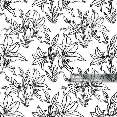 흰색 배경에 고립 된 매끄러운 패턴 블랙 라인 아트 꽃다발 백합 색칠 공부 카드 축하 결혼식 생일 벽지 포장 섬유 선물에 대한 손으로 그린 식물 삽화 정원에 대한 스톡 벡터