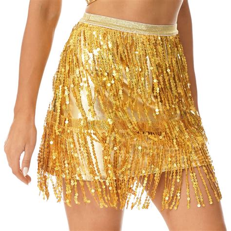 Badu Bg Дамска блестяща пола с пискюли с пайети Костюм за латино танци Клубно облекло Еластичен