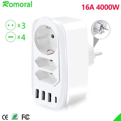 Eu 플러그 소켓 1 3 Ac 소켓 3usb 충전기 C타입 포트 16a 4000w 벽 플러그 소켓 한국 러시아 스페인 이스라엘
