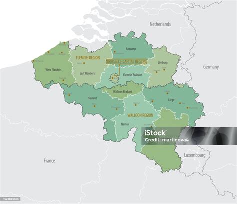 지역 및 지방 국가의 주요 도시에 행정 부서와 벨기에의 상세한지도 벡터 삽화 에 화이트 배경 벨기에 통화에 대한 스톡 벡터 아트 및 기타 이미지 Istock