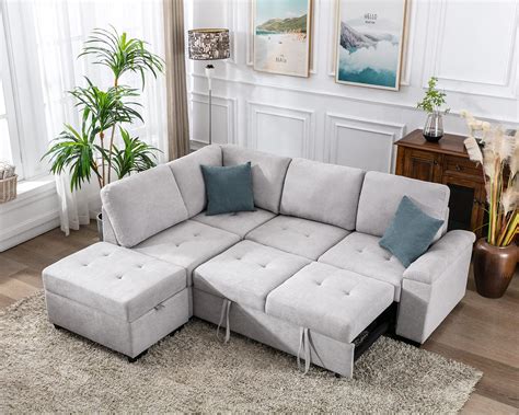 Runwon L Shape Sectional Sofa Bed Sleeper Linen Living Room