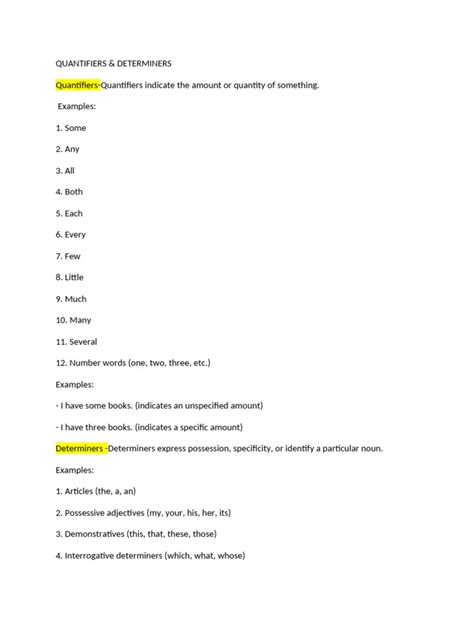 Quantifiers Determiners Pdf Language Arts And Discipline