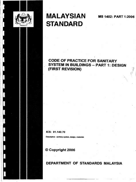 ms 1402 part 1 2006 code of practise for sanitary system in buildings