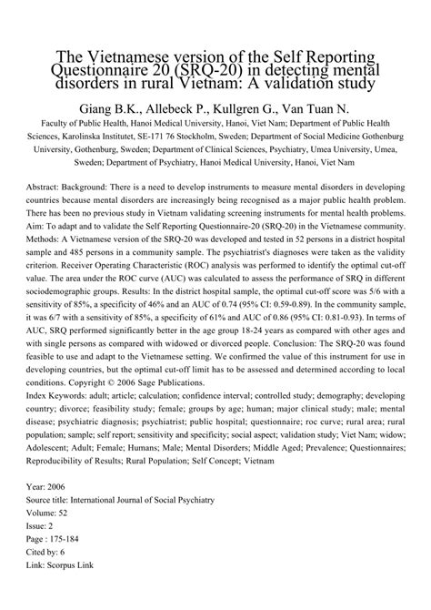 Pdf The Vietnamese Version Of The Self Reporting Questionnaire 20 Srq 20 In Detecting Mental