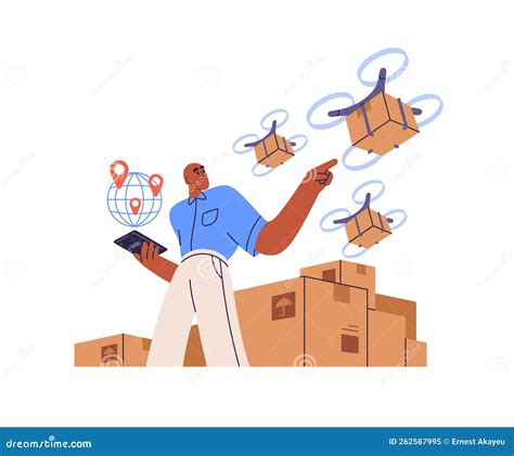 Drone Delivery Smart Logistics Concept Manager Controls Cardboard Packages Delivered By