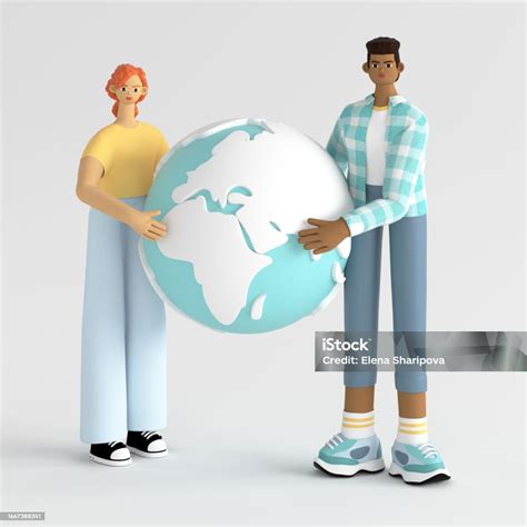 한 남자와 한 여자가 행성을 손에 들고 있다 재생 가능한 녹색 에너지의 개념 기업 환경 보호 및 사회 영역으로의 복귀 3d 렌더링 일러스트레이션 3차원 형태에 대한 스톡