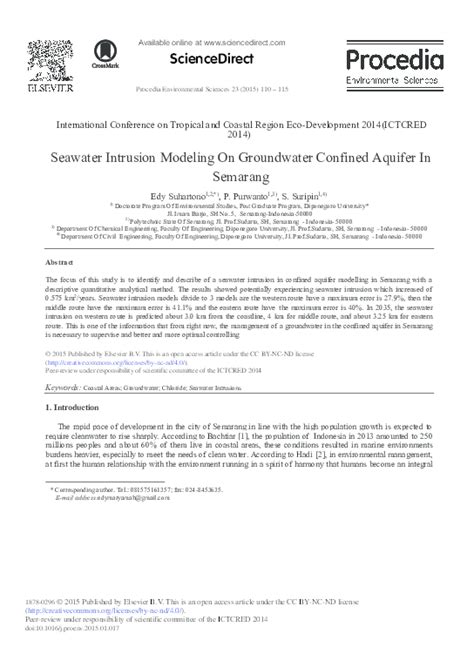 Pdf Seawater Intrusion Modeling On Groundwater Confined Aquifer In Semarang