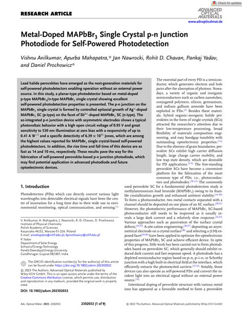 Pdf Metal‐doped Mapbbr3 Single Crystal P‐n Junction Photodiode For