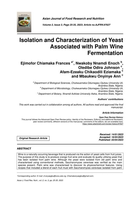 Pdf Isolation And Characterization Of Yeast Associated With Palm Wine Fermentation