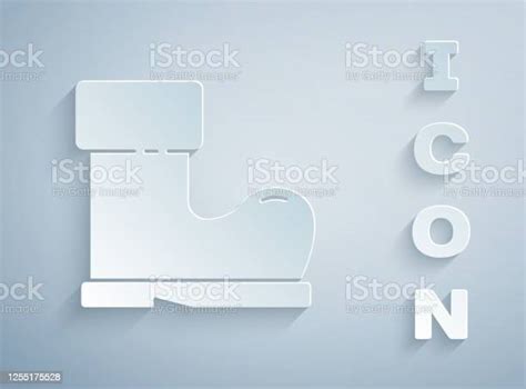 회색 배경에 격리 된 방수 고무 부팅 아이콘을 잘라 용지 비오는 날씨 낚시 원예용 검부츠 종이 아트 스타일 벡터 일러스트레이션