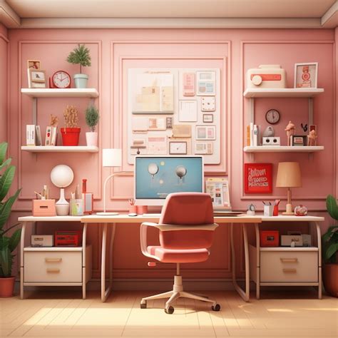 방에 책상이 있는 3d 컴퓨터 워크스테이션 무료 사진