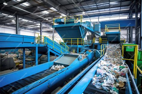공장 내 쓰레기로 가득 찬 컨베이어 벨트 쓰레기 및 생활 쓰레기 처리 및 분류 공장 폐기물 처리 및 재활용 생태 자원의 2차