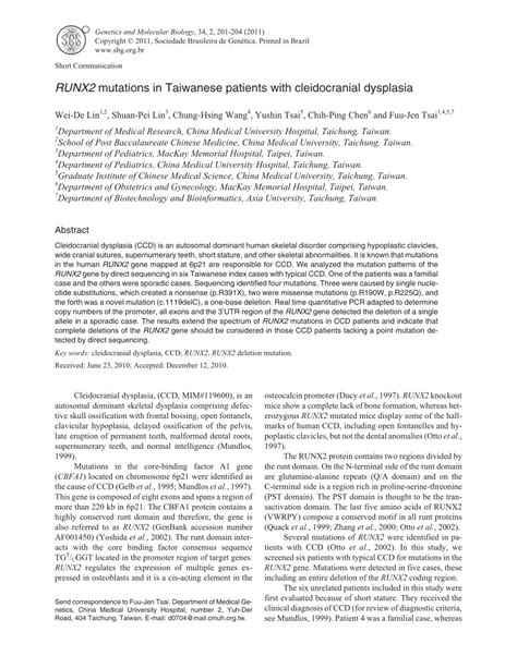 Pdf Runx2 Mutations In Taiwanese Patients With Cleidocranial Dysplasia