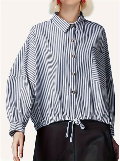 프린트 버튼 프론트 블라우스 캐주얼 롱 슬리브 드로우스트링 포켓 블라우스 여성 의류 Temu Korea