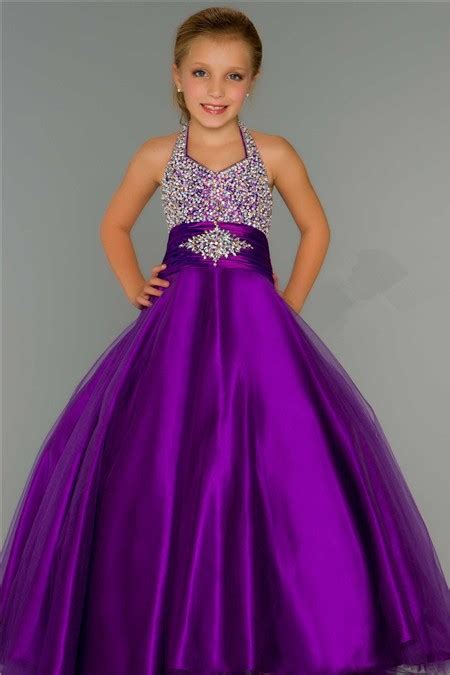 Cute Ball Gown Halter Purple Tulle Beading Flower Girl Party Prom Dress