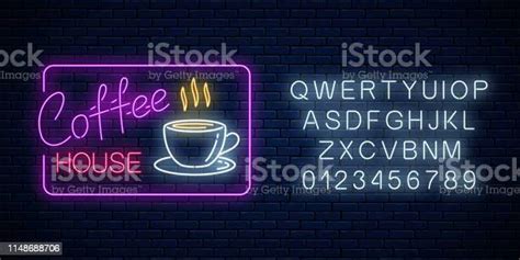 네온 커피 시간 알파벳 사각형 프레임에 표시 빛나는 간판 디자인을 초대 하는 핫 드링크 카페 0명에 대한 스톡 벡터 아트 및