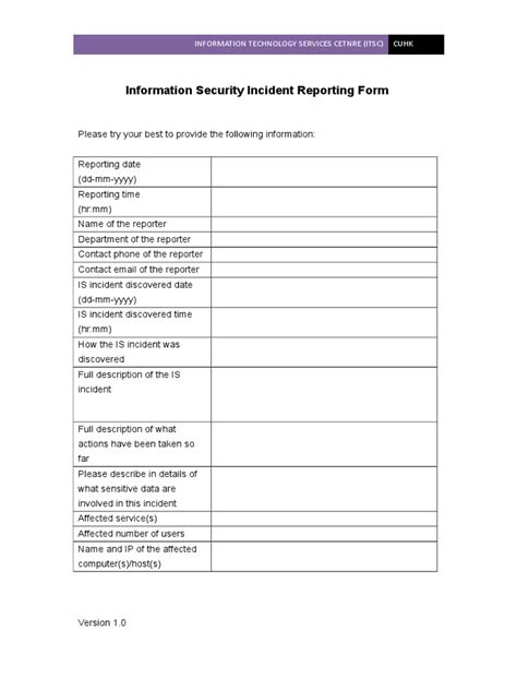 Information Security Incident Reporting Form Information Technology