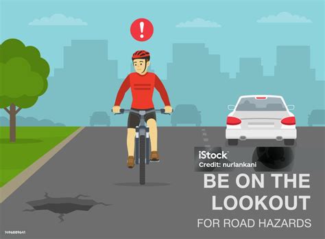 안전한 자전거 타기 규칙 및 팁 도로 위험에 주의하십시오 도로의 구멍을 보고 있는 자전거 타는 사람의 정면모습 도로 구멍에 대한 스톡 벡터 아트 및 기타 이미지 Istock