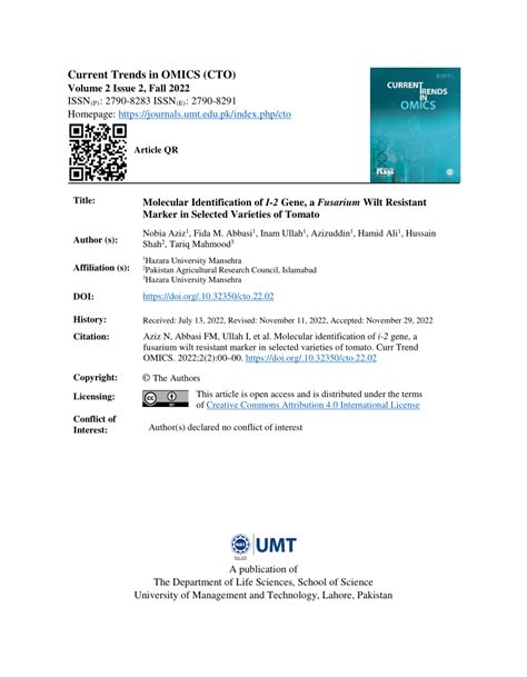 Pdf Molecular Identification Of I 3 Gene A Fusarium Wilt Resistant Marker In Selected