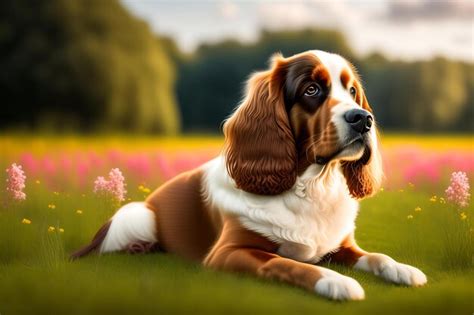 Premium Ai Image Colse Up Cocker Spaniel Dog In Flowers On Meadow