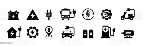 전기 자동차 버스 오토바이 벡터 아이콘 세트 재생 가능 전력 차량 아이콘 일러스트레이션 자동차 위치 기호 모터 충전소 유지 보수 및 수리와 같은 아이콘이 포함되어 있습니다