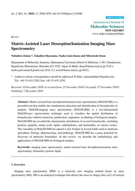 Pdf Matrix Assisted Laser Desorption Ionization Imaging Mass Spectrometry
