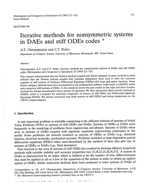 Pdf Iterative Methods For Nonsymmetric Systems In Daes And Stiff Odes Codes
