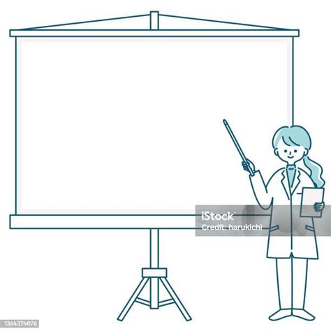 화면 앞에서 포인팅 스틱을 들고 있는 흰색 코트를 입은 여성의 그림입니다 간호사에 대한 스톡 벡터 아트 및 기타 이미지 간호사 건강관리와 의술 과학자 Istock