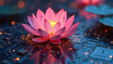 Pink Lotus Flower Glows On Dark Circuit Board Tech Data Lines Light