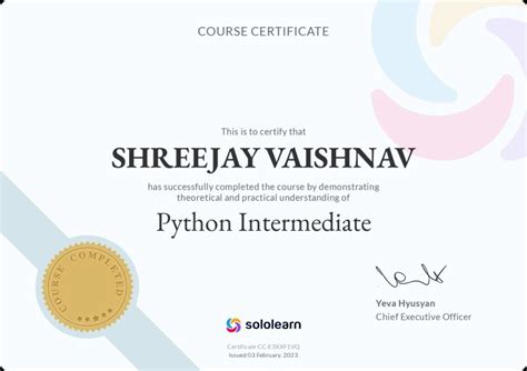 One More Python Intermediate Certificate Given By Sololearn Shreejay