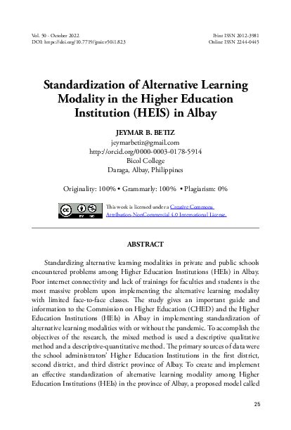 Pdf Standardization Of Alternative Learning Modality In The Higher