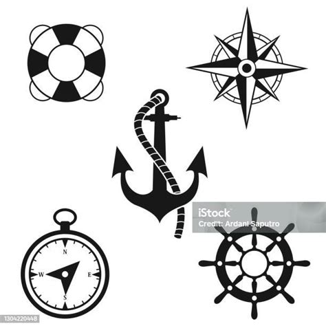 해양 아이콘 해상 또는 해상 기호 앵커 나침반 스티어링 휠 부표 벡터 일러스트레이션 세트 나침반에 대한 스톡 벡터 아트 및 기타