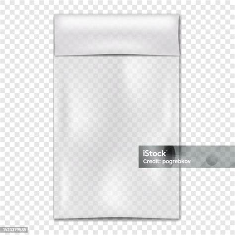 투명한 배경 벡터 모형에 접힌 상단이있는 투명한 비닐 파우치 사이드 솔기 모형이있는 빈 빈 비닐 봉지 패키지 3차원 형태에 대한