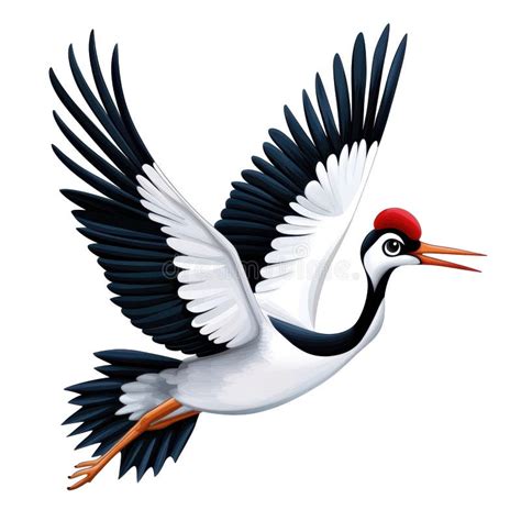 Flying Crane Bird With Black And White Feathers And Red Crown Soaring