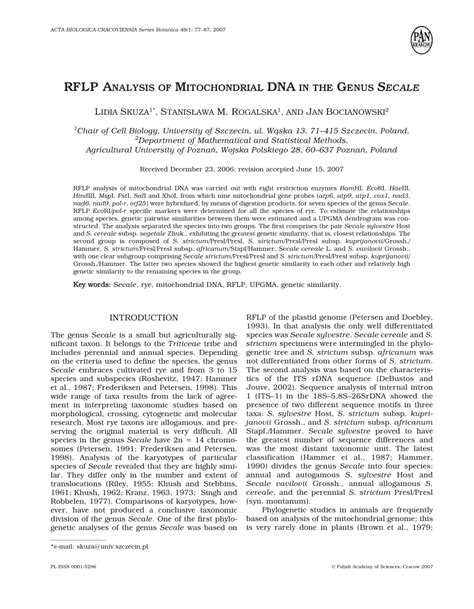 Pdf Rflp Analysis Of Mitochondrial Dna In The Genus Secale