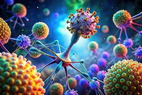 Detailed Microscopic View Of A Bacteriophage Attacking Bacteria A Closeup Look At Viral