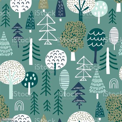 우드 랜드 이음새가 없는 패턴 추상적 인 손으로 그린 나무가있는 트렌디 한 숲 질감 섬유 직물 의류 벽지에 적합합니다 벡터 일러스트 레이 션 Central London에