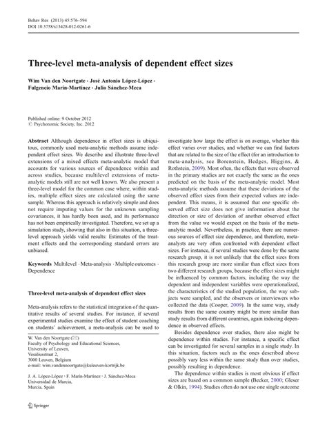 Pdf Three Level Meta Analysis Of Dependent Effect Sizes