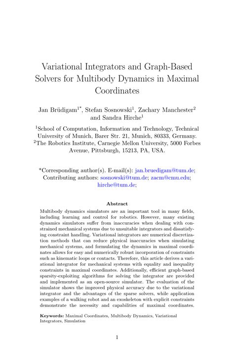 Pdf Variational Integrators And Graph Based Solvers For Multibody Dynamics In Maximal Coordinates