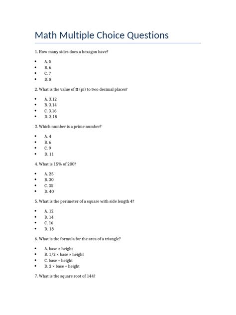 Math Multiple Choice Questions Pdf