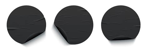 흰색 배경에 분리 된 말린 가장자리가있는 둥근 검은 색 스티커가 붙어 있습니다 벡터 사실적으로 구겨진 포스터 번들 빈 템플릿