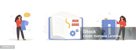 사용 설명서 개념 가이드 지침이 있는 여성 캐릭터 사용자 계약 이용 약관을 읽는 여성 Faq 또는 고객 지원 평평한 만화 스타일의 벡터 일러스트 세트 다운로드에 대한 스톡